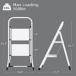 Folding Step Stool with Wide Anti-Slip Pedal, Sturdy Steel Ladder, Convenient Handgrip, Lightweight Portable (White, 2 Step Ladder)