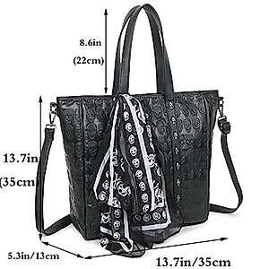 FiveloveTwo Women Handbag and Purses PU Satchel Skull Rivet Shoulder Tote Top-Handle Bag Black
