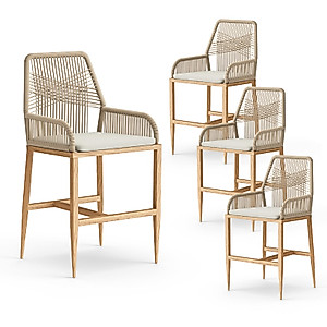 Halitaa Bar Stools Set of 4, Counter Height Barstools with Backrest and Cushion, Modern Rattan Wicker Patio Stools for Kitchen Patio Balcony Pool Outdoor Accent Counter Chairs, Brown