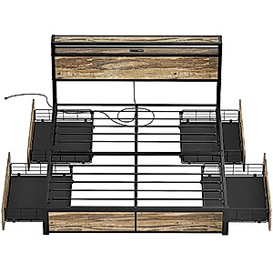 LIKIMIO Queen Bed Frame with Storage Drawer, 2-Tier Storage Headboard with Charging Station, No Box Spring Needed, Easy Assembly, Rustic Brown