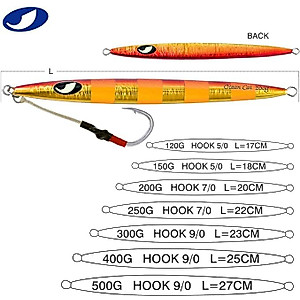 OCEAN CAT Saltwater Jigs Speed Jigging Slow Jigging Pitching Lures,Vertical Jigging Artificial Lures Lead Metal Flat Jigs Jigging Baits Jigging Lure Fishing jigs (Red & Gold, 400G)