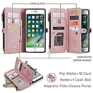 Defencase for iPhone 8 Plus Case, iPhone 7 Plus Case, iPhone 8 Plus Wallet Case for Women Men, Durable Leather Strap Zipper Card Holder Wallet Phone Case for iPhone 7 Plus & iPhone 8 Plus, Rose Pink