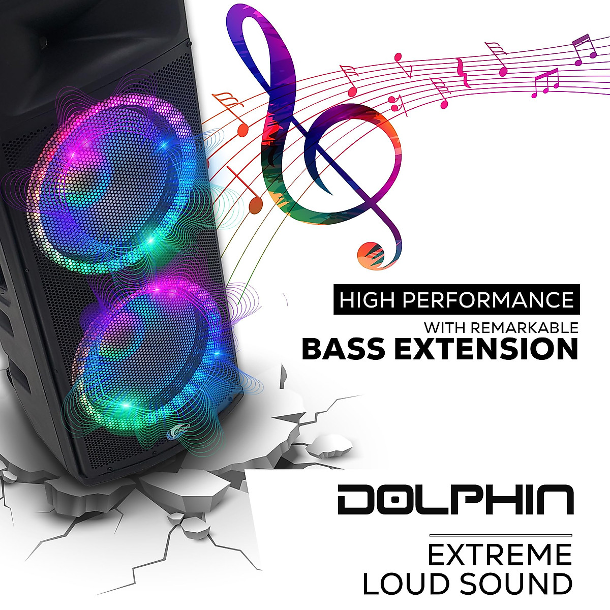 Dolphin SPX-280BT - Powerful DEEP BASS | Dual 15" Woofers, 6500W - Bluetooth Cabinet PA Speaker System with LED Light Show, Ground Shaker, Wireless Mic