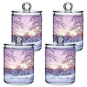 ALAZA 4 Pack Qtip Holder Dispenser Winter Bathroom Organizer Canisters for Cotton Balls/Swabs/Pads/Floss,Plastic Apothecary Jars for Vanity