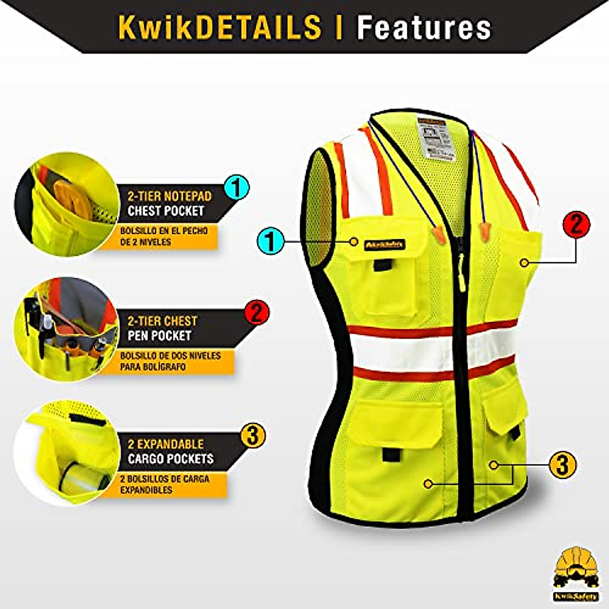 KwikSafety FIRST LADY Safety Vest for Women [SNUG-FIT] 9 Pockets, Class 2 Custom High Visibility Reflective ANSI OSHA Fitted Construction Work PPE/Yellow Medium