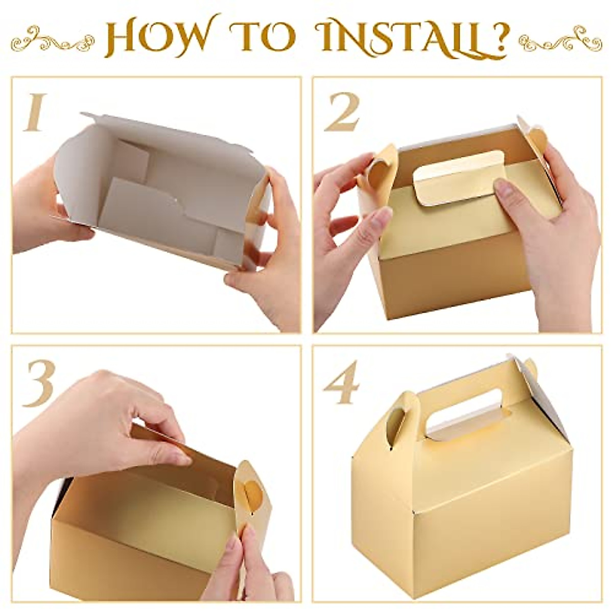 100 Pieces Gable Candy Treat Boxes, Small Goodies Gift Boxes with Handle, Dessert Boxes Favor for Wedding, Birthday Party, 6.2 x 3.5 x 3.5 Inch (Metallic Gold)