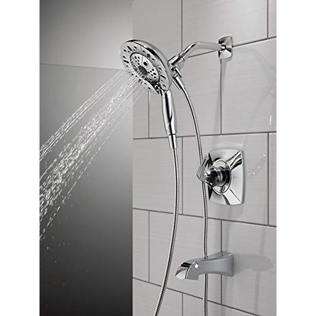 Delta Faucet Vesna 14 Series Single-Handle Shower Trim Kit with 5-Spray H2Okinetic In2ition Dual Hand Held Shower Head with Hose, Chrome 144789-I (Valve Included)