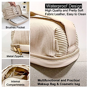 bolarstore Toast Large Makeup Bag,Double Layer Cosmetic Bag,Portable Toiletry Bag,PU Leather Travel Makeup Organizer,Waterproof Zipper Pouch,Large Capacity Multifunctional Bag for Women Girls,White