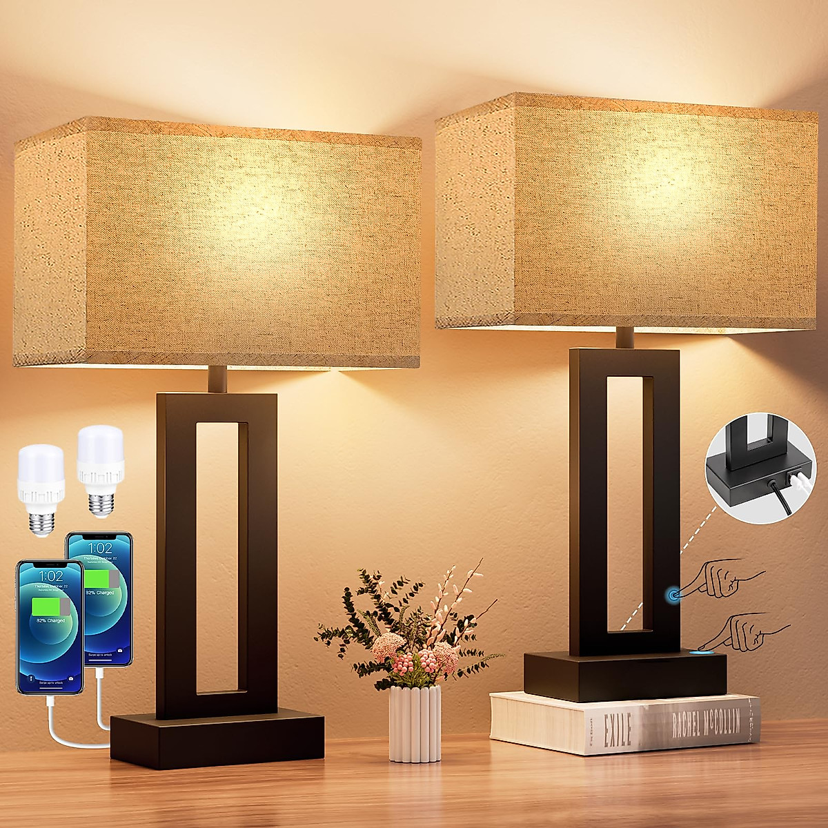 Seealle Bedroom Lamps for Night Stands - Touch Control, 3 Way Dimmable, USB C+A Charging, LED Bulbs, Easy Assembly