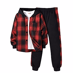 FERWANG Kids Toddler Boys 2 Piece Outfit Plaid Color Front Button Down Hoodie Sweatshirt and Jogger Sweatpants Sets