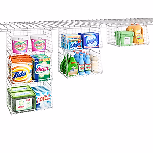 3-Tier Hanging Laundry Basket Organizer：Foldable Wire Shelf Laundry Room Organizer with 360°Rotating Hooks Space Saving Over Washer and Dryer Shelves - Metal laundry organization and storage, white