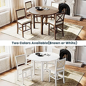 HAUSHECK 4 Counter Height Kitchen Room Irregular Round Table, High-Back Chairs, Rubber Wood Legs, Comfortable Cushioned, 5 Piece Dining Set for Small Places, Brown
