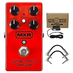 Dunlop M228 MXR Dyna Comp Deluxe Compressor Guitar Effect Pedal - Red with 9v AC Power Adapter and 2 R-Angle Patch Cable