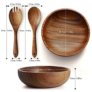 AOOSY Wooden Salad Bowls, Large Acacia Wood Salad Serving Bowl with Serving Tongs, 9.3" D x 2.8" H Round Bowls Set for Mixing Fruits Cereal Pasta