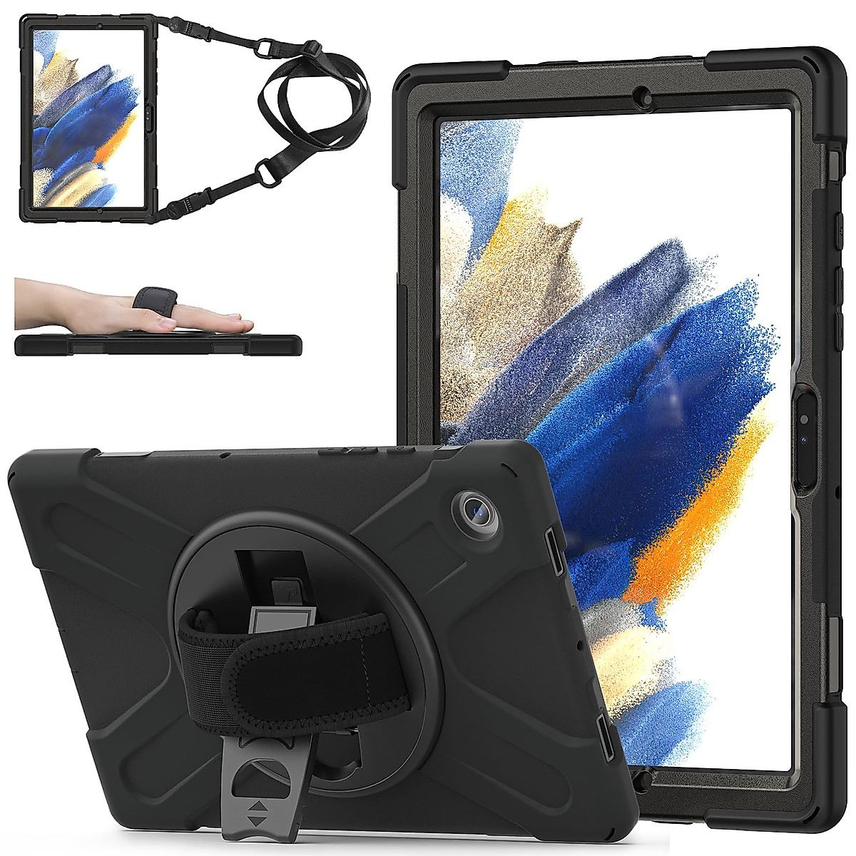 ZenRich Samsung Galaxy Tab A8 Case 10.5'' 2022 (SM-X200/X205/X207), Shockproof Case with 360 Rotating Stand/Hand Strap/Shoulder Strap Kids Students Galaxy Tab A8 10.5'' Tablet Case -Black
