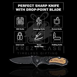 Krezy Case Personalized Knife For Men Engraved, Custom Pocket Knife With Wood Box, Folding Knife For Men, Black 3 Mm Thick Stainless Steel Blade Pocket Knife, Gift For Him