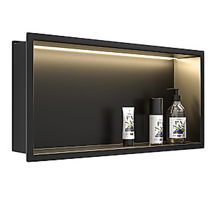 Bernkot Stainless Steel Shower Niche 12" X 24" Matte Black with Led Light Waterproof No Tile Needed Wall Niche for Bathroom Storage Over Mount Installation