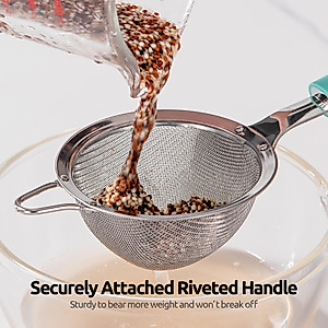 18/8 Stainless Steel Mesh Strainer: U-Taste 3.9 Inch Kitchen Fine Mesh Sieve Food Colander with Riveted Sturdy Silicone Handle and 30 Mesh Hole for Straining Flour, Quinoa, Tea, Juice (Aqua Sky)
