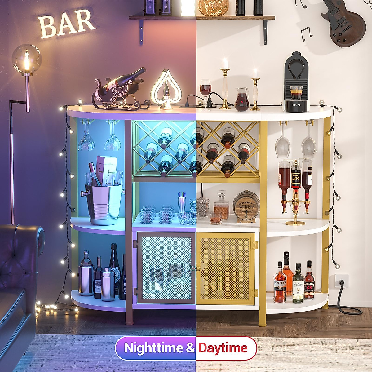 Unikito Gold Liquor Bar with LED Light, Wine Cabinet with Outlet, Freestanding Wine Rack Table with Door, Coffee Bar Cabinet for Liquor and Glass, Floor Bar Table Stand with Wine Storage Rack, White