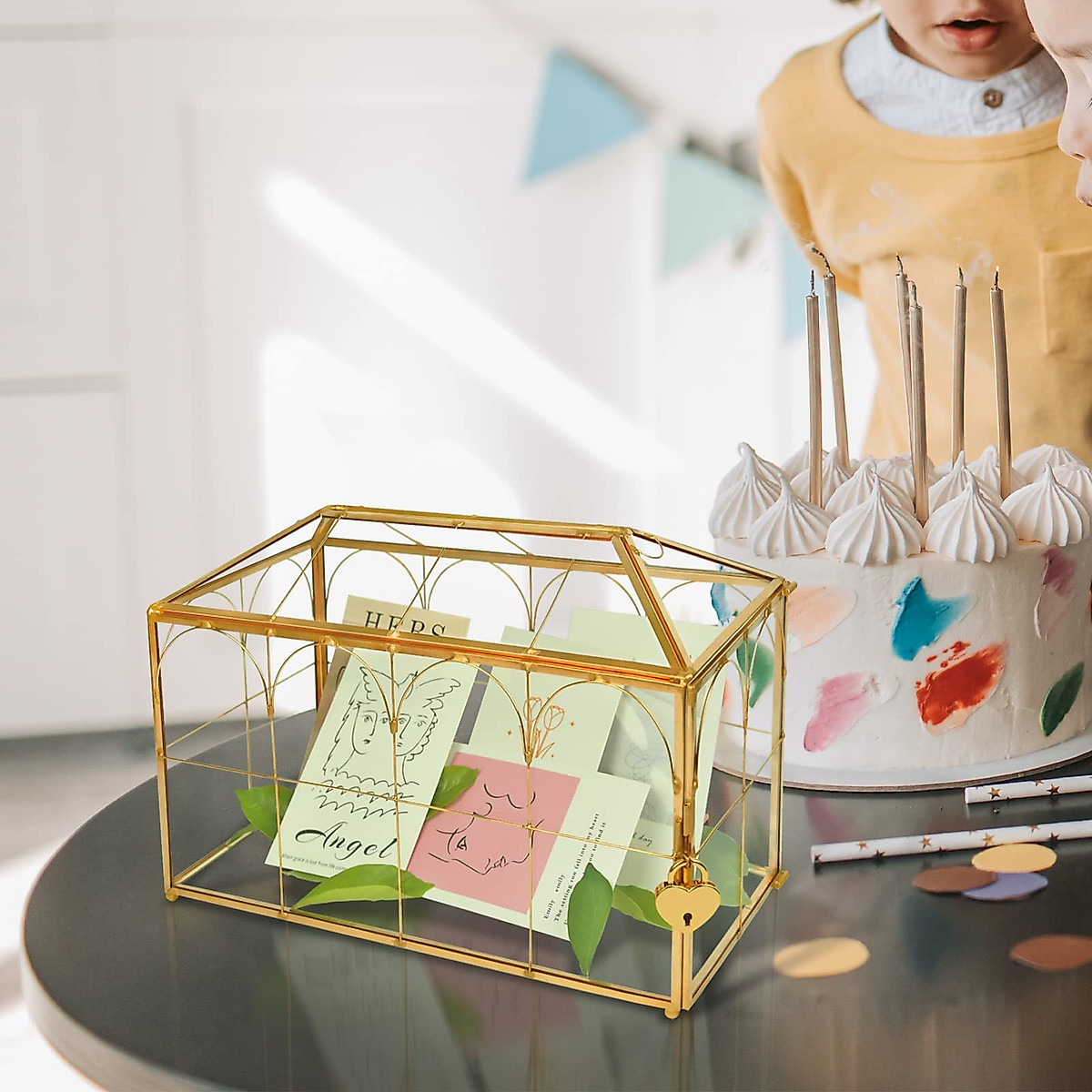 12.6x5.9x9.0inch Wedding Gold Glass Card Box with Lock and Slot - Wedding Envelope Card Holder for Reception Handmade Gold Decorative Box, Party Centerpiece Gift Card Box Handmade Wedding Card Box