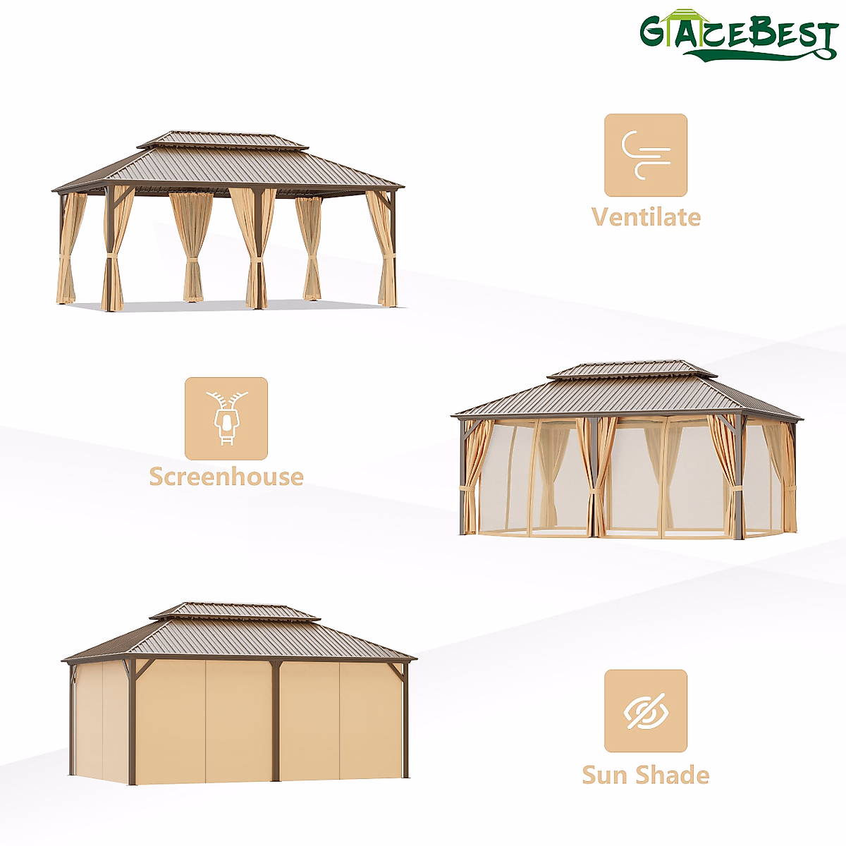 GAZEBEST 12x18 ft Hardtop Gazebo Outdoor Aluminum Patio Gazebo Double Roof Galvanized Steel Canopy with Netting and Curtains for Garden, Backyard, Deck and Lawns.