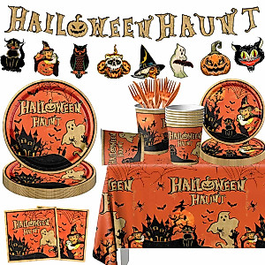 GREHUMOR Halloween Vintage Decorations Tableware 142pcs Johanna Parker Halloween Themed Party Supplies Retro Ghost Haunt Pumpkin decor Disposable Tablecloth,Plates,Napkins,Cups,Forks and Knives