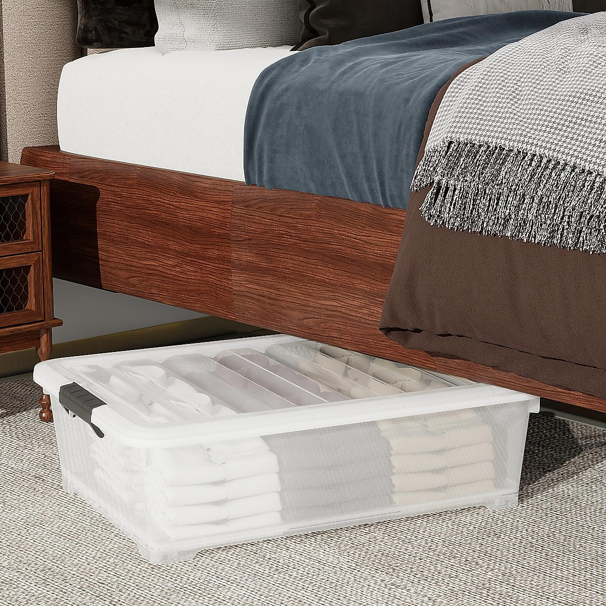 Ponpong 52 Quart Large Plastic Underbed Latching Storage Box, Clear Wheeled Under Bed Storage Bins, 3 Packs