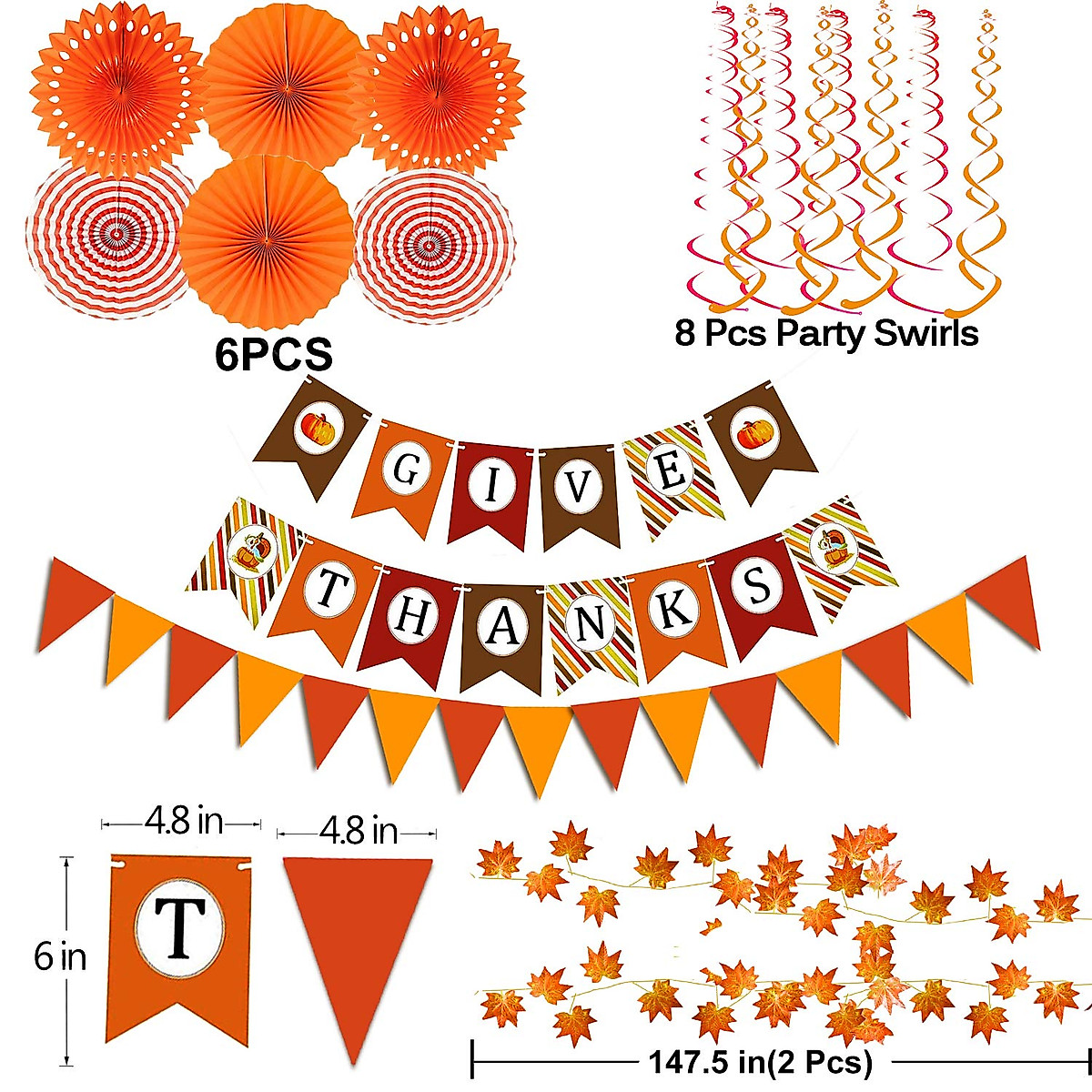Give Thanks Banner Orange Paper Triangle Flag Bunting Maple Leaf Hanging Garland and Paper Fan Flower Swirl Streamers for Thanksgiving Theme Party Decoration