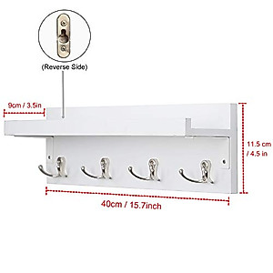 Hoanvi Floating Shelves with 8 Hooks for Bathroom Coat Rack, Wood Wall Key Holder Hooks Storage for Photo Ledge Display, Wall Mount Shelf Organizer for Kitchen Spice Rack, Entryway Decor. (White)