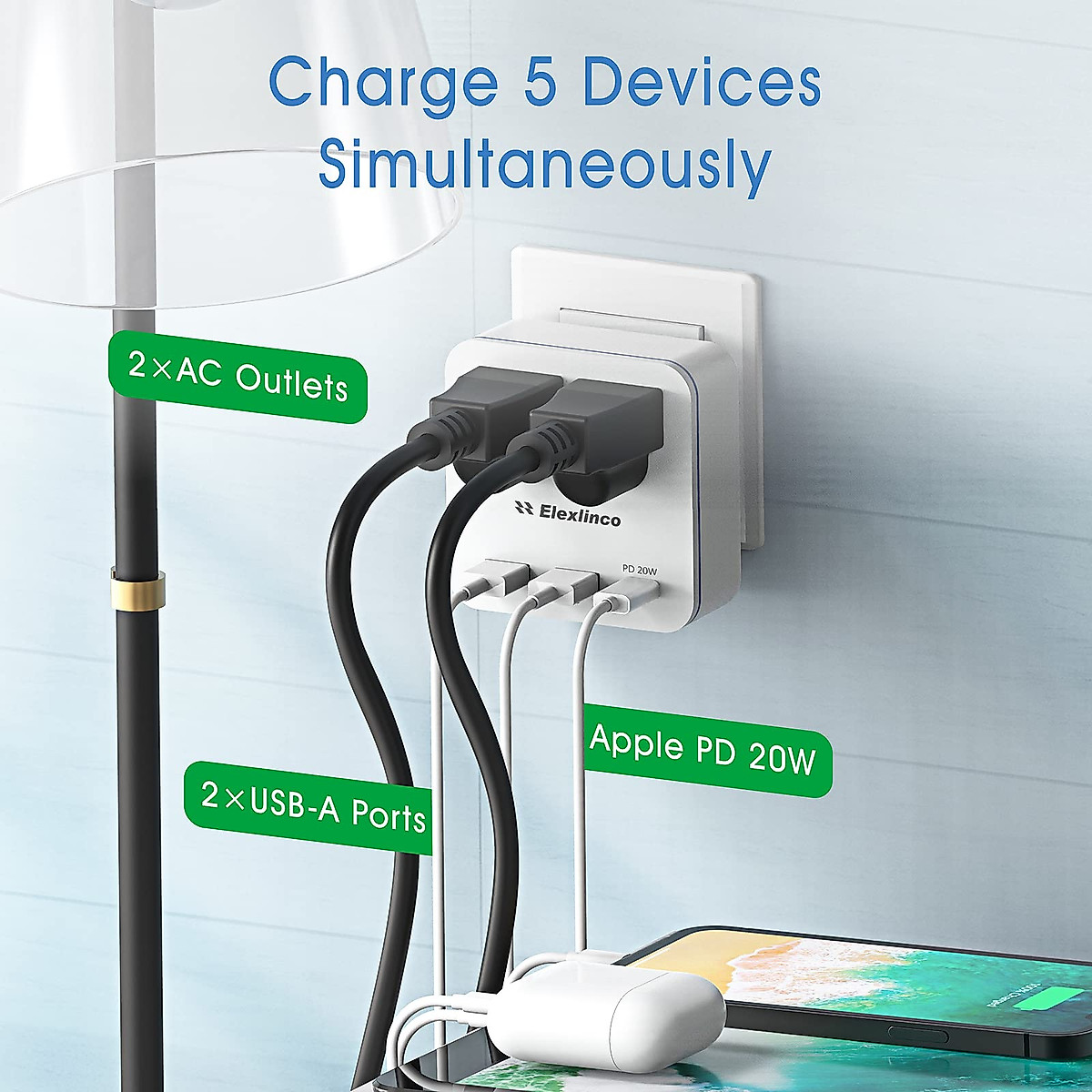Cruise Power Strip, Elexlinco Surge Protector 5 Outlet Extender with Apple PD 20W, 2 AC Outlets and 2 USB-A Ports Multi Plug Outlets, Ultra Slim Power Strip Surge Protector, Cruise Essentials