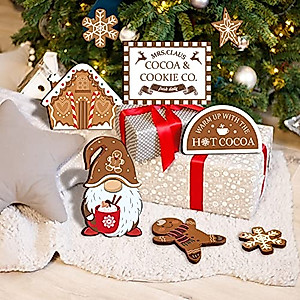 10 Pieces Christmas Tiered Tray Decor-Winter Holiday Gingerbread Themed Decor with Hot Cocoa Bar and Cute Gnomes Wooden Signs for Farmhouse Rustic Centerpiece Home Room Table Fireplace Shelf
