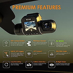 REXING V2 PRO AI Dash CAM, 3 Channel Front Cabin Rear 1080p Recording,2.7” LCD,WiFi,Mobile App,GPS,Night Vision,Artificial Intelligence Dash Camera ADAS, Collision, Pedestrian,Lane Departure Warning