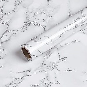 Caltero Marble Contact Paper 15.7" x 118" White Grey Marble Wallpaper Peel and Stick Glossy Marble Contact Paper Self Adhesive Contact Paper for Countertop Kitchen Cabinets Bathroom