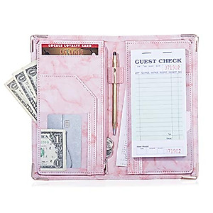 Sonic Server 5x9 11-Pocket Server Book Organizer with Double Magnetic Pockets and Zipper Pocket for Waitress Waiter Waitstaff | Marble Pink