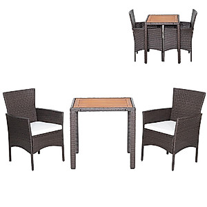 Tangkula 3 Pieces Patio Furniture Set, Outdoor Mix Brown Wicker Dining Set w/Acacia Wood Top Table, Comfortable Cushioned Chairs, Space-Saving Rattan Conversation Set for Garden, Backyard, Porch
