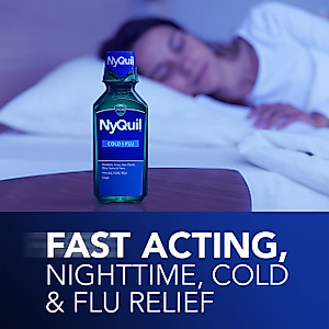 Vicks NyQuil, Nighttime Cold & Flu Symptom Relief, Relives Aches, Fever, Sore Throat, Sneezing, Runny Nose, Cough, 12 Fl Oz, Original Flavor