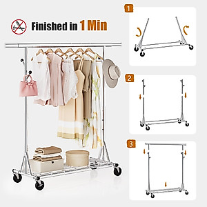 Gewudraw Heavy Duty Clothes Rack Load 480 LBS Metal Garment Rack Hang 200 pieces of clothing on Wheels Collapsible Rolling Portable & Adjustable Clothing Rack with Hook for Hanging Clothes