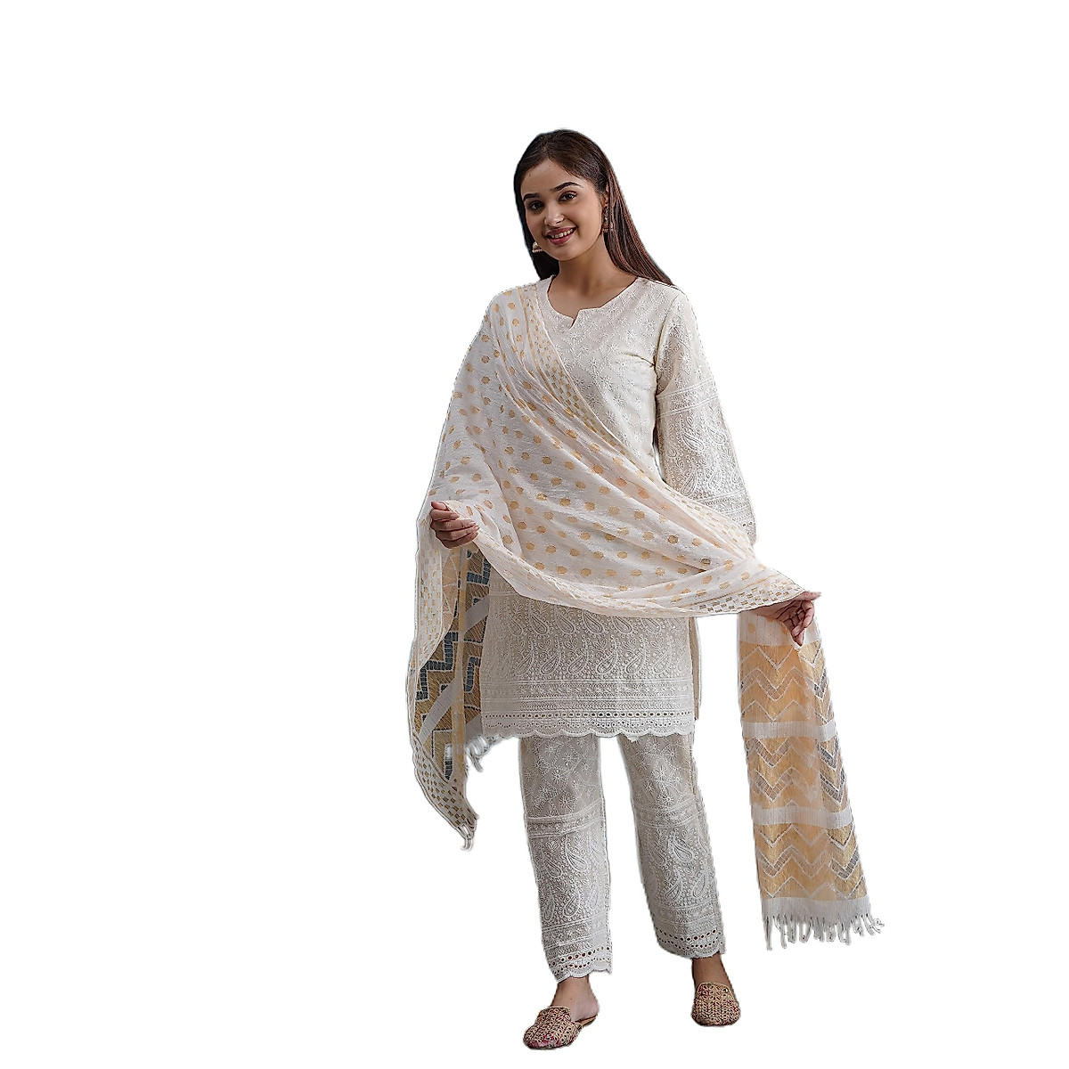 MAGHMA Chikankari Kurtis for Women Pakistani Salwar Kameez Suit Set Indian Dresses Cream White Kurti Pant & White Color Dupatta Set (L)