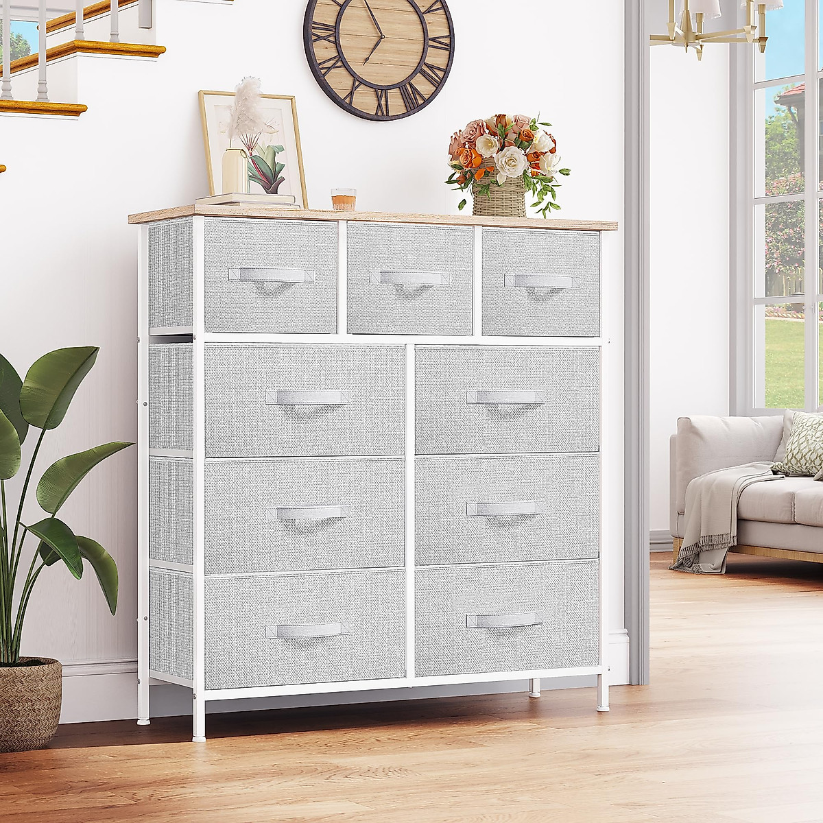 YITAHOME 9 Drawer Dresser, Light Gray Fabric Storage Tower, Tall Organizer Unit for Room, Living Room, Hallway, Closets - Sturdy Steel Frame, Wooden Top & Easy Pull Bins