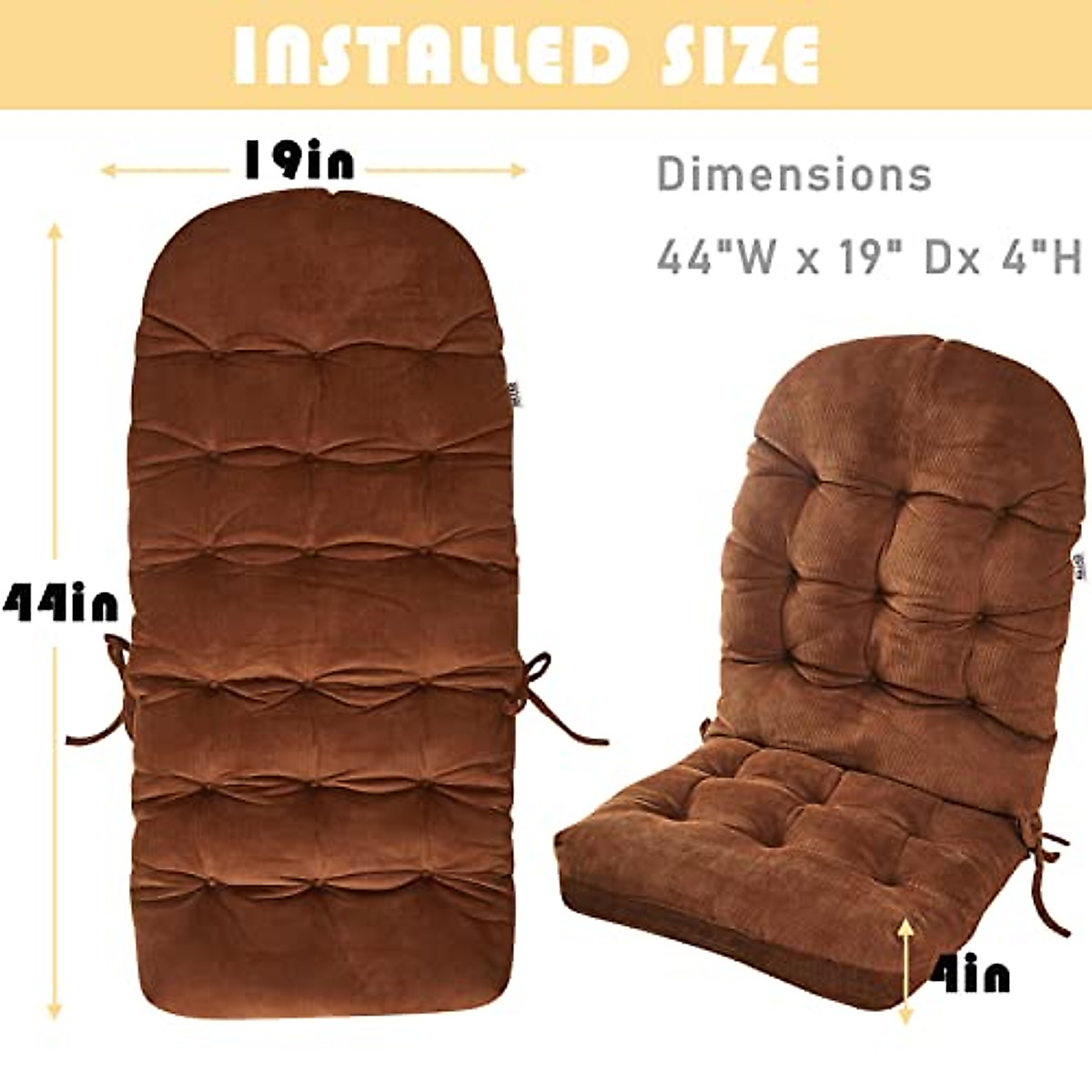 Big Hippo Adirondack Chair Cushion, Patio Rocking Chair Cushions for High Back Chair 44x19x4 inch (Brown, 1)