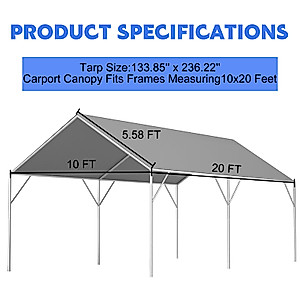 Canopy Replacement Cover for 10' x 20' Carport Frame, 200G Heavy Duty Replacement Top Cover for Car Garage, Waterproof & UV Protected Tarp with 48 Ball Bungees (Only Cover, Frame Not Included), Grey