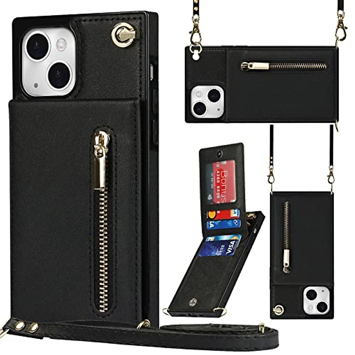Jaorty Crossbody Phone Case for iPhone 13 Mini Case with Card Holder for Women,iPhone 13 Mini Case Wallet with Strap Lanyard for Men,PU Leather Magnetic Clasp with Kickstand 5.4", Black