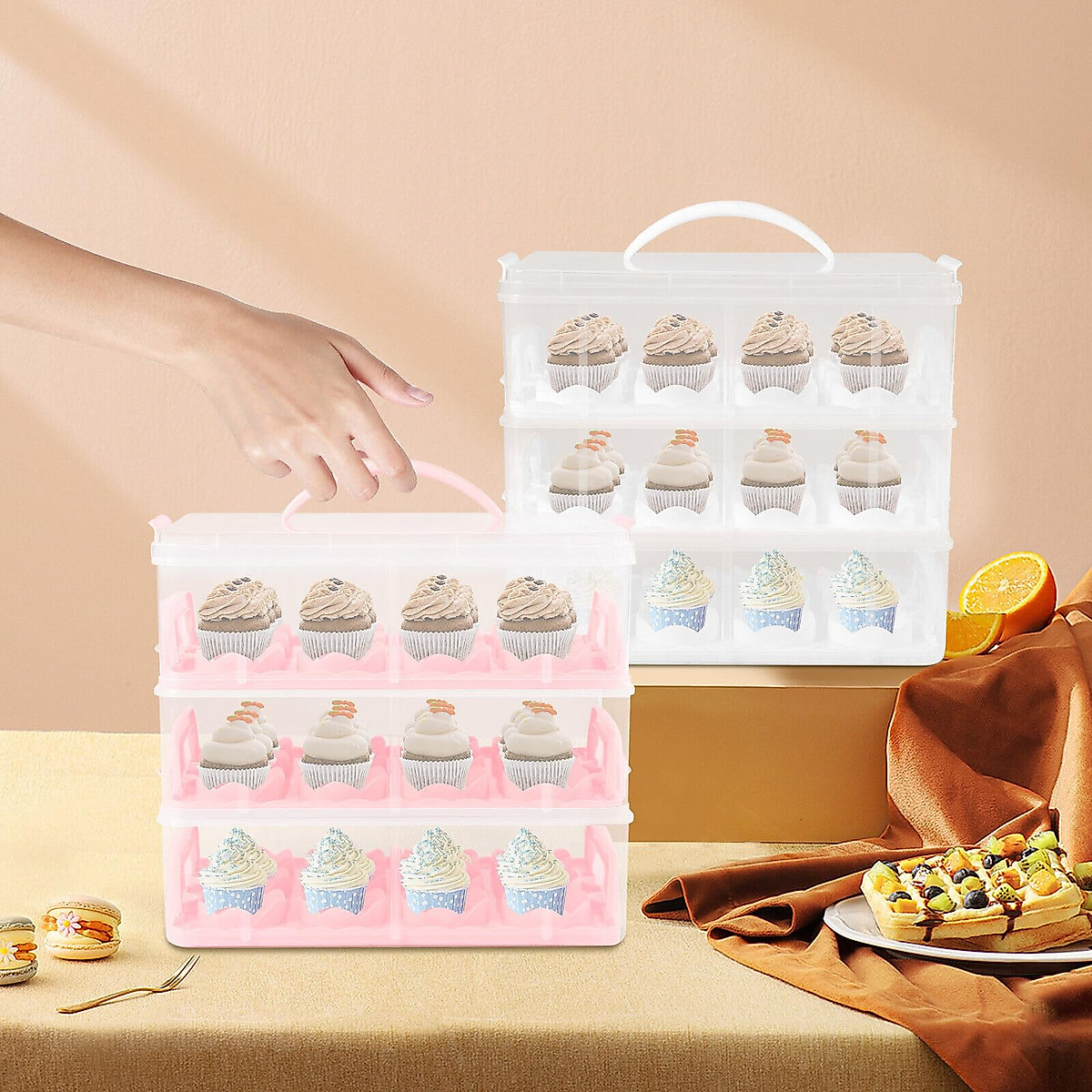 RENFANSHOP 3 Tier Cupcake Packing Box with Lid，Cupcake Muffin Carrier with Lid White Cakes Food Transporter Container Holds 36 Cupcakes or 3 Large Cakes Food with 3 Tier Stackable Layer Insert