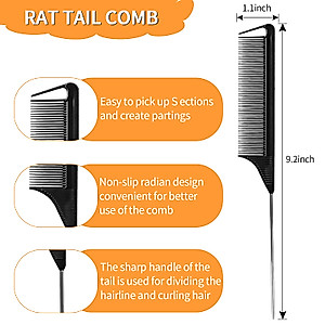 6Pcs Steel Pin Fine Tooth Rat Tail Women's Hair Braiding Combs, Parting Tools for Salon Stylists (Purple, Black, Yellow)