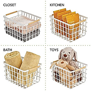 mDesign Metal Wire Closet Storage Basket Bin Organizer with Wood Handles for Bedroom, Bathroom, Mudroom, Entryway, Hallway, or Linen Closet Organization - Yami Collection - 4 Pack, Matte White/Natural