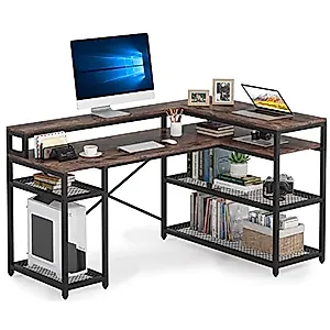 LITTLE TREE L-Shape Computer Desk with Shelves for Home Office,Brown