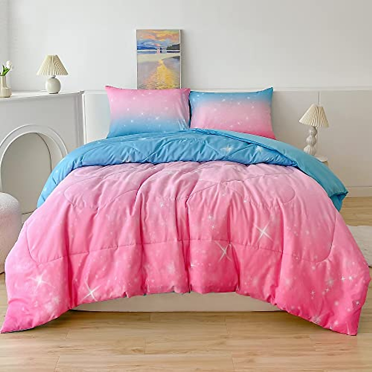 Rainbow Pink Glitter Stars Kids Comforter Set for Girls Queen Size Bedding Set 3 Piece Bed in A Bag Lightweight Quit Blue Gradient Sparkle Mermaid Galaxy Duvet Set for Kids Boys with 2 Pillowcases