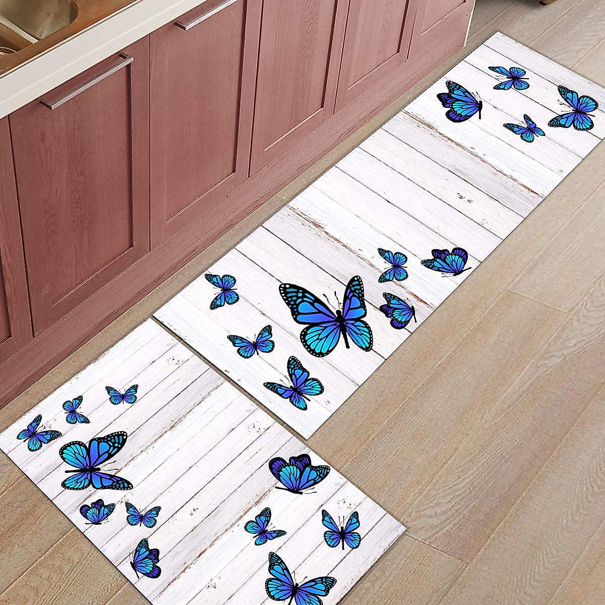 Farmhouse Style Kitchen Mats for Floor Cushioned Anti Fatigue 2 Piece Set Kitchen Runner Rugs Non Skid Washable Butterfly Vintage Wooden Plank