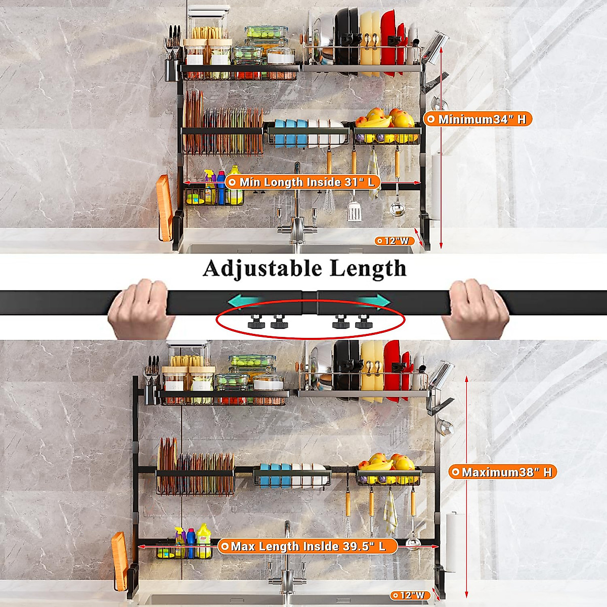 ADBIU Over Sink Dish Drying Rack (Expandable Height/Length) Snap-On Design Large Dish Drainer Storage Counter Organizer 31-39.5L x 12W x 34-38H (inches)