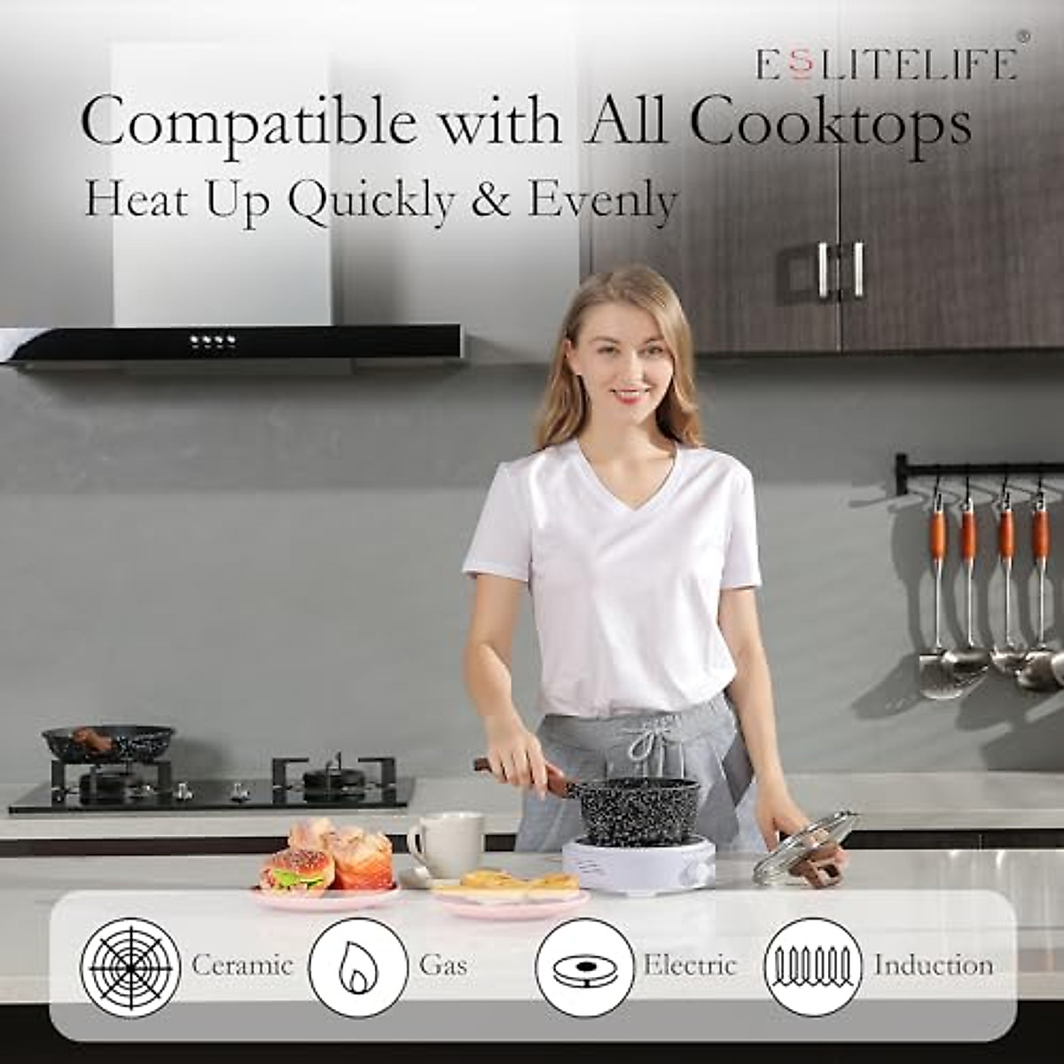 ESLITE LIFE 1.5 Quart Sauce Pan with Lid Nonstick Small Soup Pot, Compatible with All Stovetops (Gas, Electric & Induction), PFOA Free